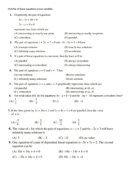 Pair Of Linear Equations In Two Variables Mcq And Ar Qns Pdf System Of Linear Equations