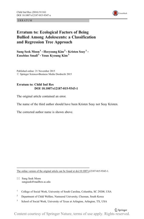 Erratum To Ecological Factors Of Being Bullied Among Adolescents A Classification And