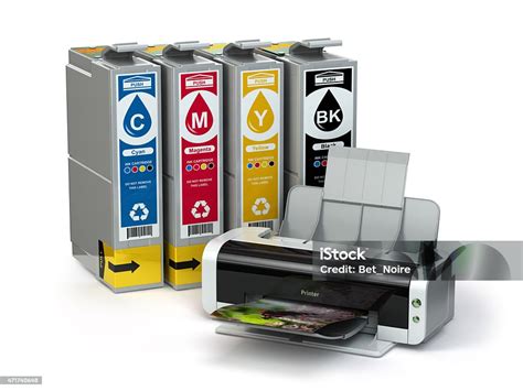 잉크젯 Cmyk 카트리지 및 프린터 흰색 바탕에 그림자와 잉크젯 카트리지에 대한 스톡 사진 및 기타 이미지 잉크젯 카트리지