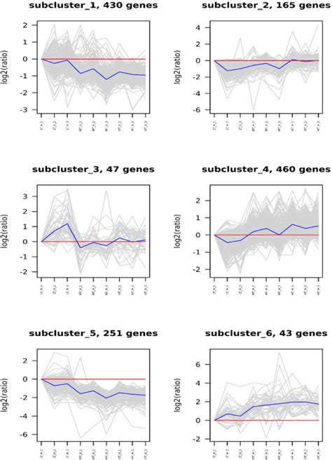 expression patterns of six clustered profiles based on the centered and