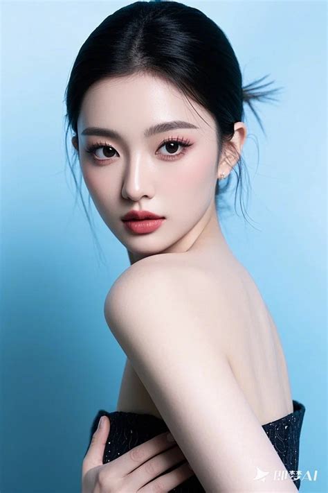 亚洲人，身穿抹胸礼服，漏肩膀 妆容明显 长睫毛 大眼睛 腮红，口红，漫画脸，妆容比较重，眼睛大，可爱，医美感，纯欲风，正脸，有手，腰部 花瓣网