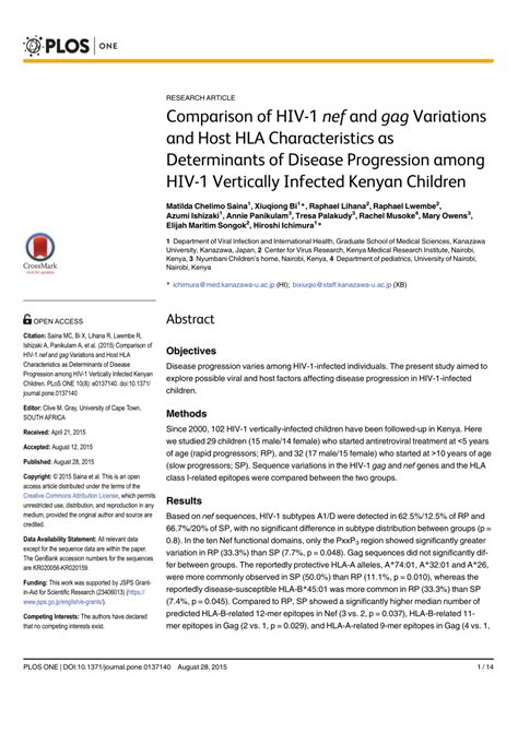 Pdf Comparison Of Hiv 1 Nef And Gag Variations And Host Hla