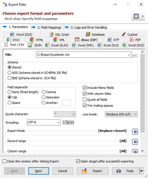 Text Or Csv Export Format Database Tour Documentation