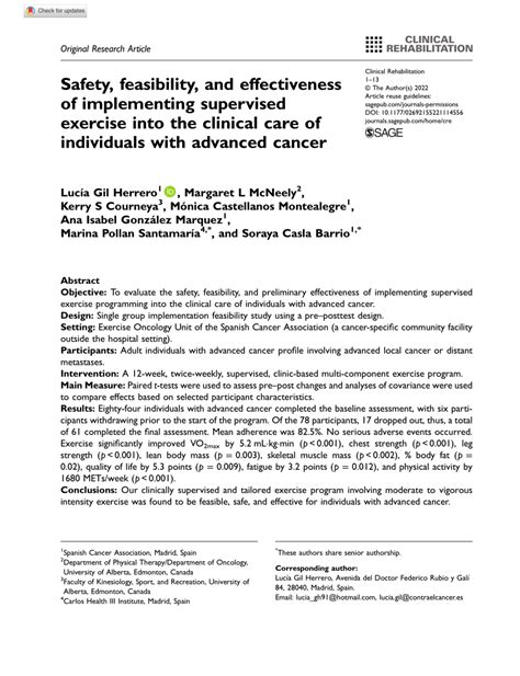 Pdf Safety Feasibility And Effectiveness Of Implementing Supervised Exercise Into The