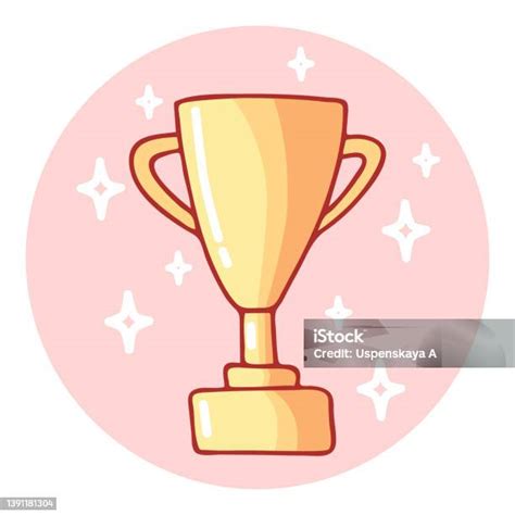 낙서 만화 스타일의 우승자를위한 귀여운 손으로 그린 트로피 컵 중성 사탕 색상의 둥근 구성 카드 소셜 미디어 배너 스티커 장식 어린이 놀이방을위한 카와이 요소 벡터 트로피에