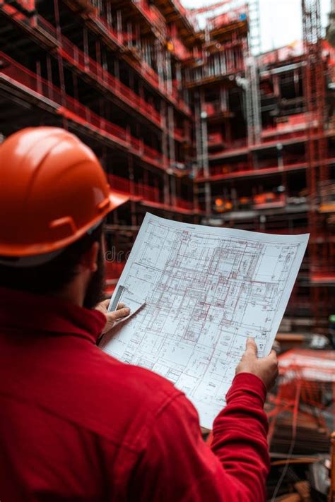 Construction Worker Examining Detailed Blueprints Ensuring Seamless Workflow At Construction