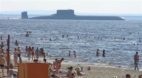 A Typhoon Class Submarine Passing Close By A Beach In Russia Rpics