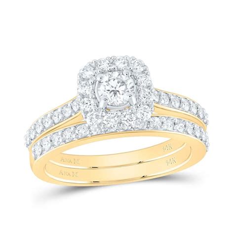 14k Yellow Gold Round Dia Halo Bridal Wedding Band Set 1ctw Womens