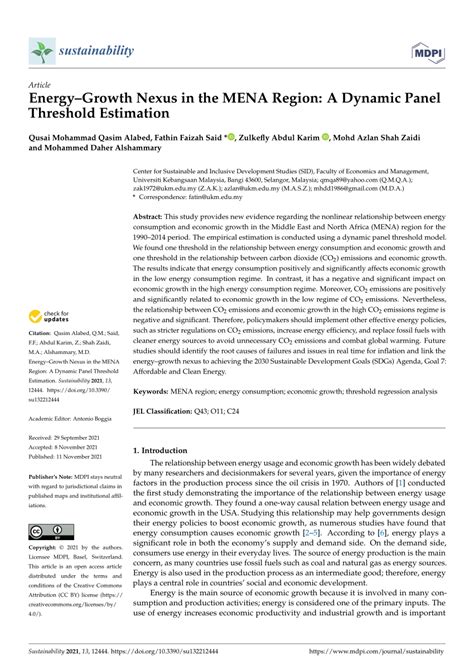 Pdf Energygrowth Nexus In The Mena Region A Dynamic Panel Threshold
