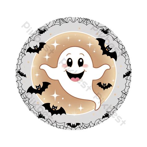 Halloween Sticker A Round With A Cute Smiley Ghost Bat Ai Generated Png