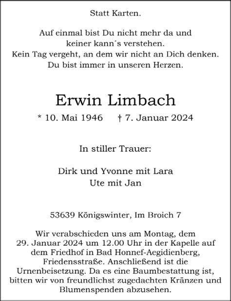 Traueranzeigen Von Erwin Limbach Wirtrauern