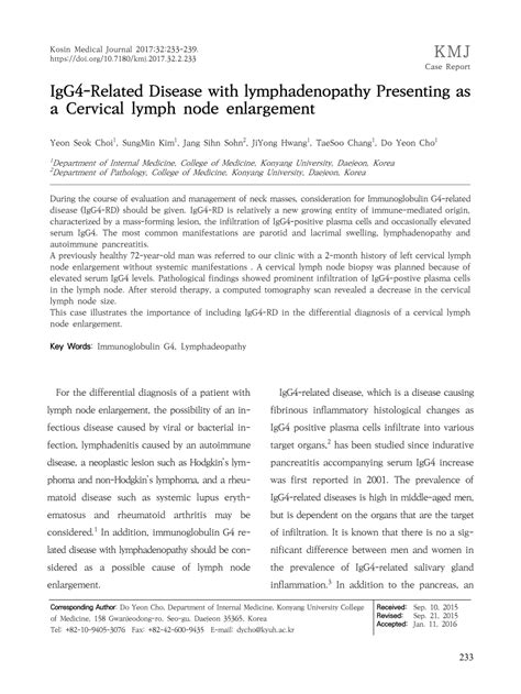 Pdf Igg4 Related Disease With Lymphadenopathy Presenting As A Cervical Lymph Node Enlargement