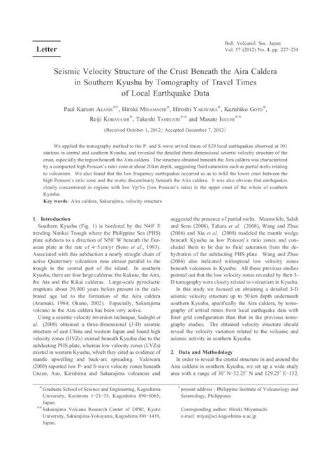 Pdf Seismic Velocity Structure Ofthe Crust Beneath The Aira
