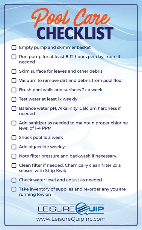 Printable Swimming Pool Maintenance Checklist Printable Learning Sheets