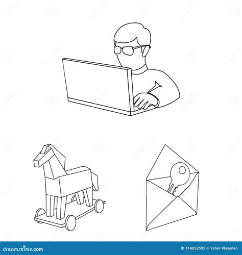 Hacker And Hacking Outline Icons In Set Collection For Design Hacker And Equipment Vector