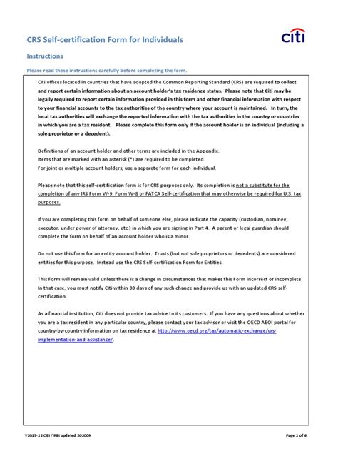 Crs Individual Account Self Cert Form V2015 12 Cbi Rbi Asia Pdf