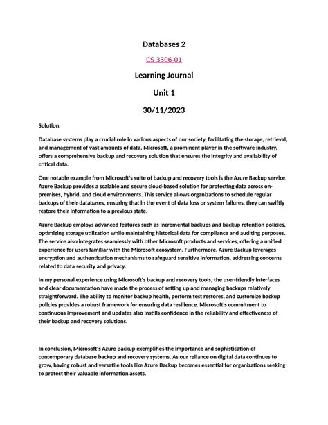 Databases 2 Learning Journal 2 Databases 2 Cs 3306 Learning Journal Unit 1 3011 Solution
