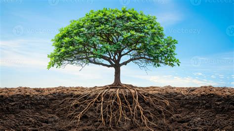 Ai Generated Large Green Tree With Visible Roots On Ground Ideal
