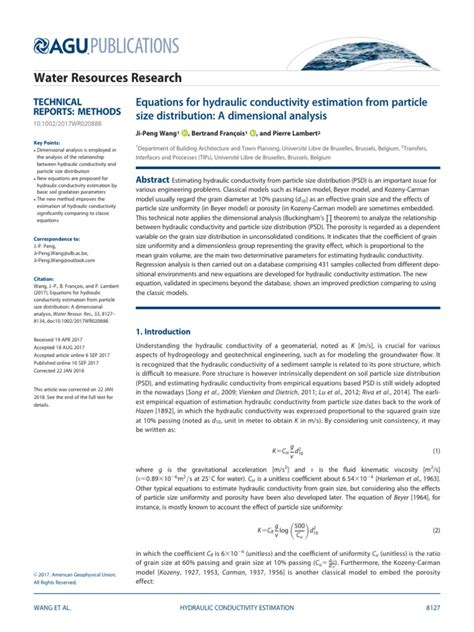 Water Resources Research 2017 Wang Equations For Hydraulic