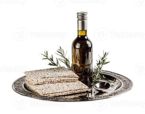 Traditional Passover Seder Plate With Matzah Wine Bottle And Herbs On
