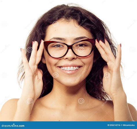 Nerd Girl In Glasses And With Brackets On Teeth Positive Excel Stock