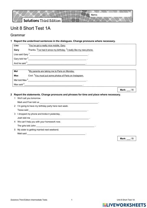 solutions third edition unit 8 short test 1a worksheet live worksheets