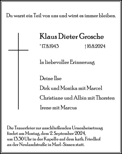 Traueranzeigen Von Klaus Dieter Grosche Trauer In Nrw De