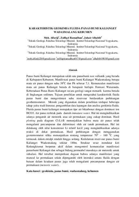 Pdf Karakteristik Geokimia Fluida Panas Bumi Kalianget Wadasmalang