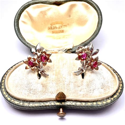 Vintage 9ct Gold Ruby Flower Earrings By Cropp And Farr