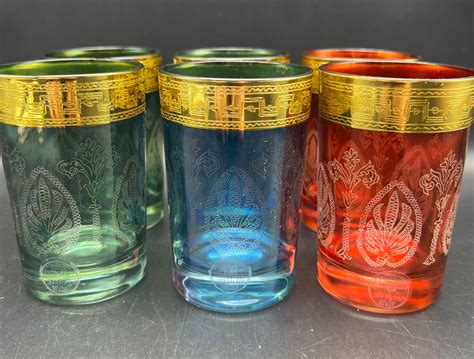 Six Timon 4” Glasses Made In Italy Gold Red Teal And Green Etsy