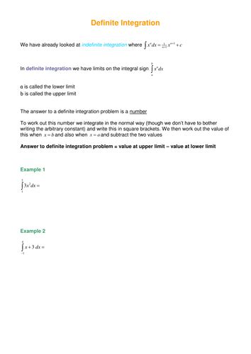 A Level Maths C2 Definite Integration Worksheet Teaching Resources