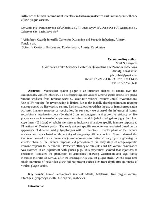 Pdf Influence Of Human Recombinant Interleukin 1beta On Protective And Immunogenic Efficacy Of