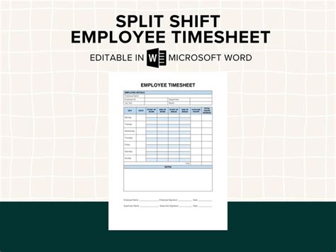 Printable Weekly Time Sheet Split Shift Employee Timesheet Log Form