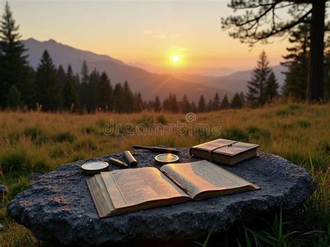 Vintage Exploration Book Compass And Journal On Big Stone In Forest