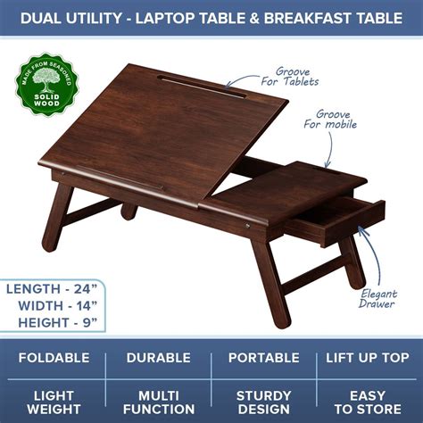 Multipurpose Solid Wood Foldable Laptop And Breakfast Table Walnut