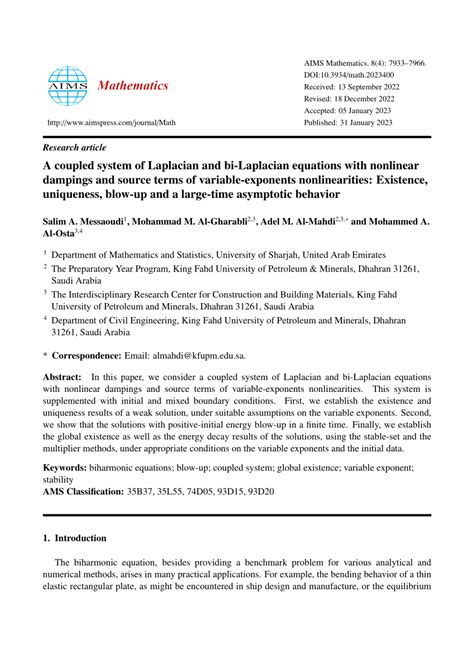 Pdf A Coupled System Of Laplacian And Bi Laplacian Equations With Nonlinear Dampings And