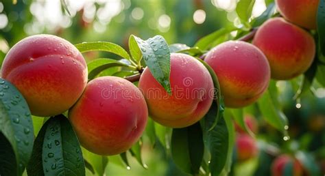 Ripe Peaches Prunus Persica Hang From A Tree Branch Showcasing Their