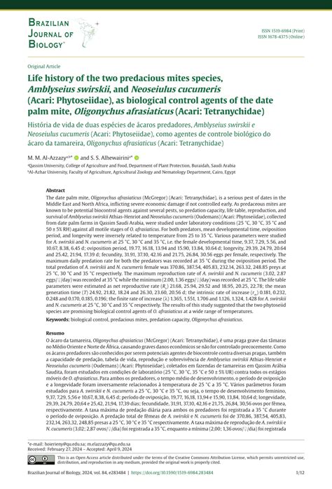 Pdf Life History Of The Two Predacious Mites Species Amblyseius
