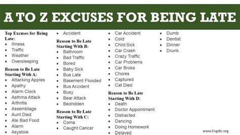 A To Z Excuses For Being Late Best Reasons Engdic
