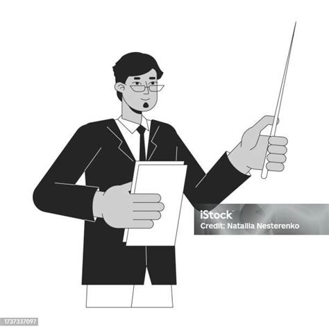 교실 성인 교사 포인터 스틱 플랫 라인 블랙 화이트 벡터 문자를 들고 2차 도형에 대한 스톡 벡터 아트 및 기타 이미지 2차 도형 가공의 인물 교수 Istock