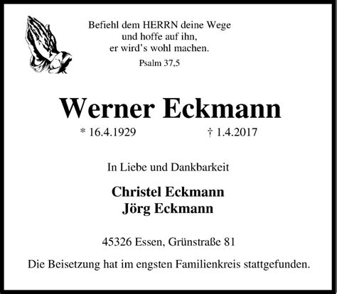 Traueranzeigen Von Werner Eckmann Trauer In Nrw De