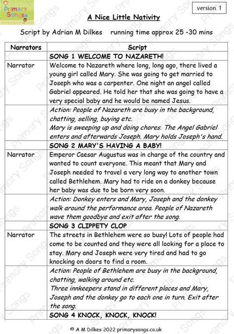 A Nice Little Nativity Script Version 1 Primary Songs