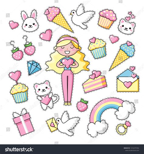 Set Cute Kawaii Objects Girl Long Stock Vector Royalty Free