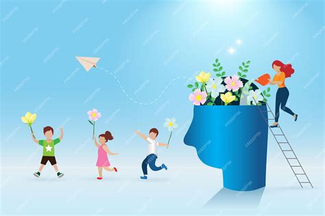 Femme Faisant Pousser Des Fleurs Dans Le Cerveau Humain Avec Des Enfants Heureux Vecteur Premium