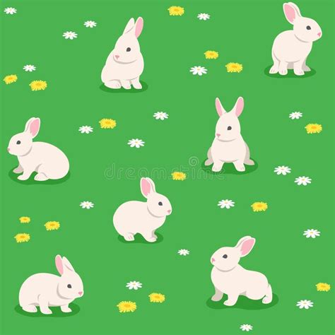 Cute Little Bunnies In The Spring Flower Meadow Seamless Pattern Stock
