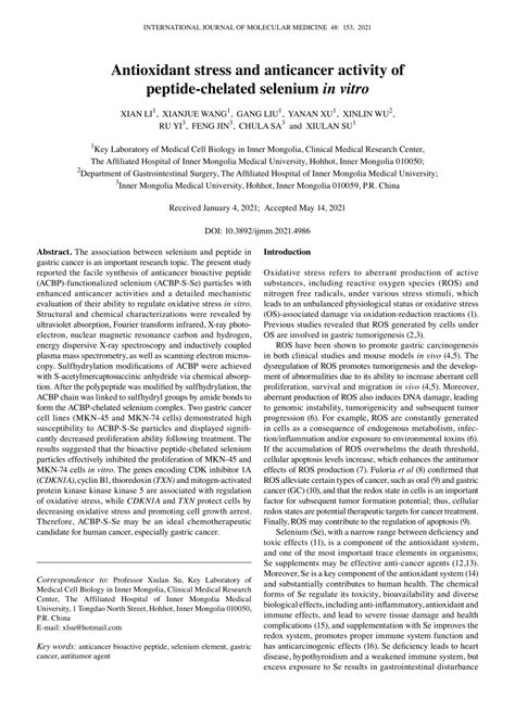 Pdf Antioxidant Stress And Anticancer Activity Of Peptide‑chelated