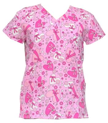 Womens Fashion Medical Nursing Scrub Tops Pink Heart Bows Hot Pink