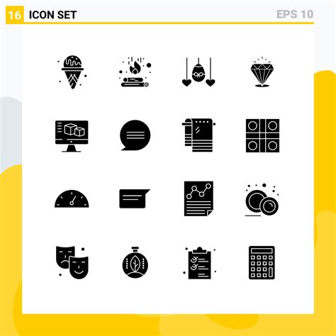 Modern Set Of 16 Solid Glyphs And Symbols Such As Box Computer Heart Stone Shine Editable Vector