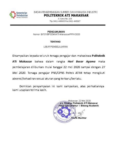 Pengumuman Libur Hari Besar Agama Politeknik Ati Makassar