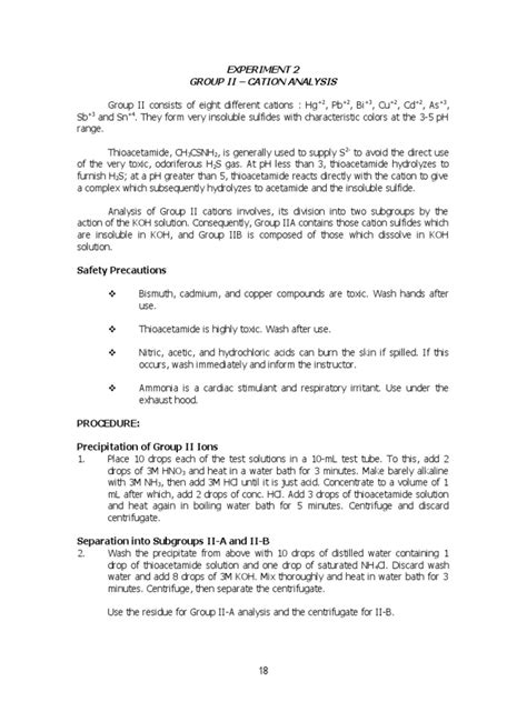 Experiment 2 Group Ii Cation Analysis Safety Precautions Pdf